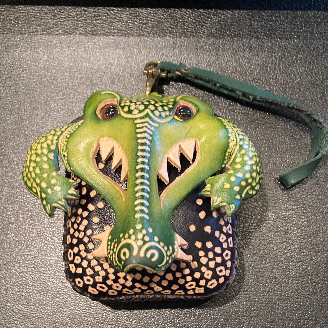 Detailed Tooled Leather Alligator Wristlet with Zipper and Foldover Ma ...